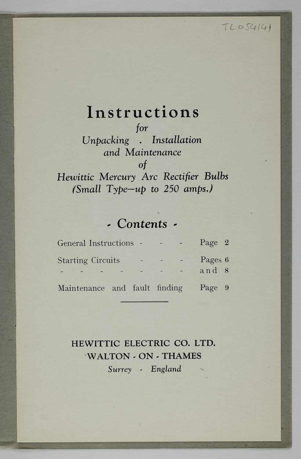 Installation Instructions - Hewittic Electric Co, Unpacking ...
