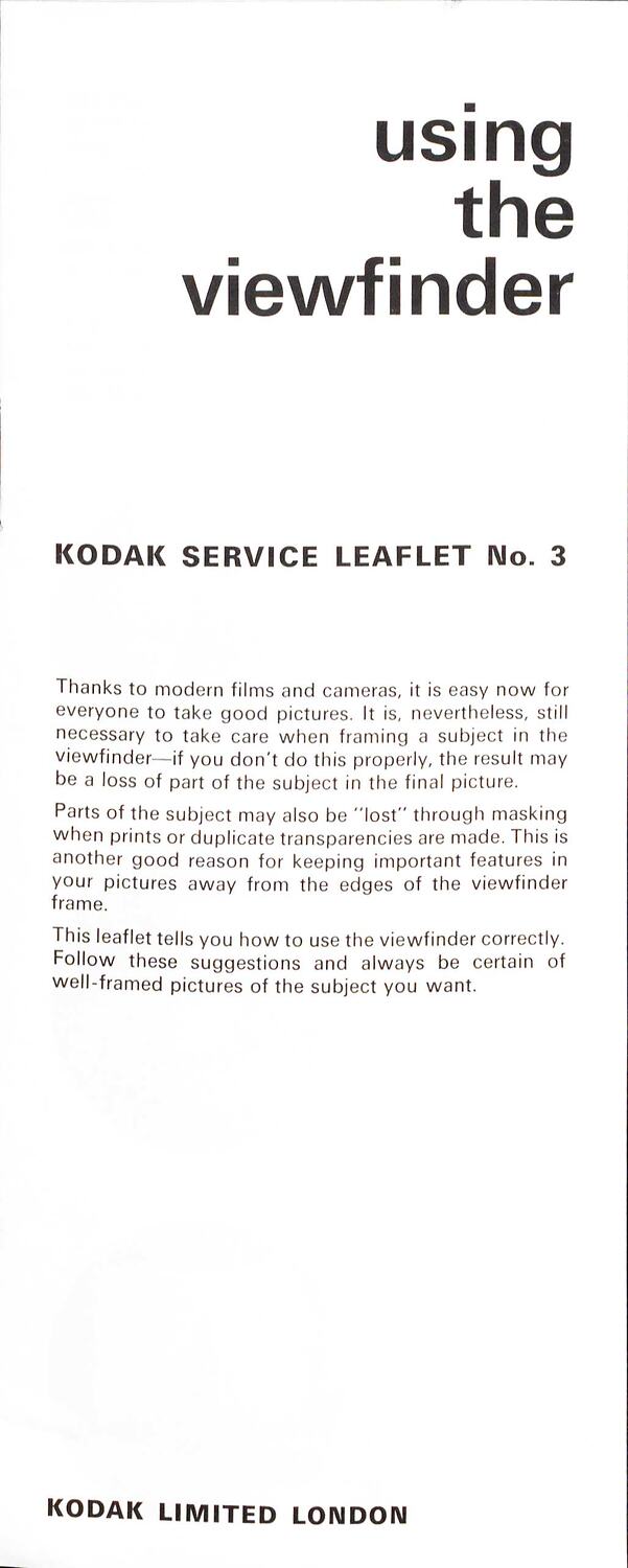 Instruction Leaflet - Kodak Limited, 'Kodak Service Leaflet No. 3 Using the Viewfinder', Mar 1968