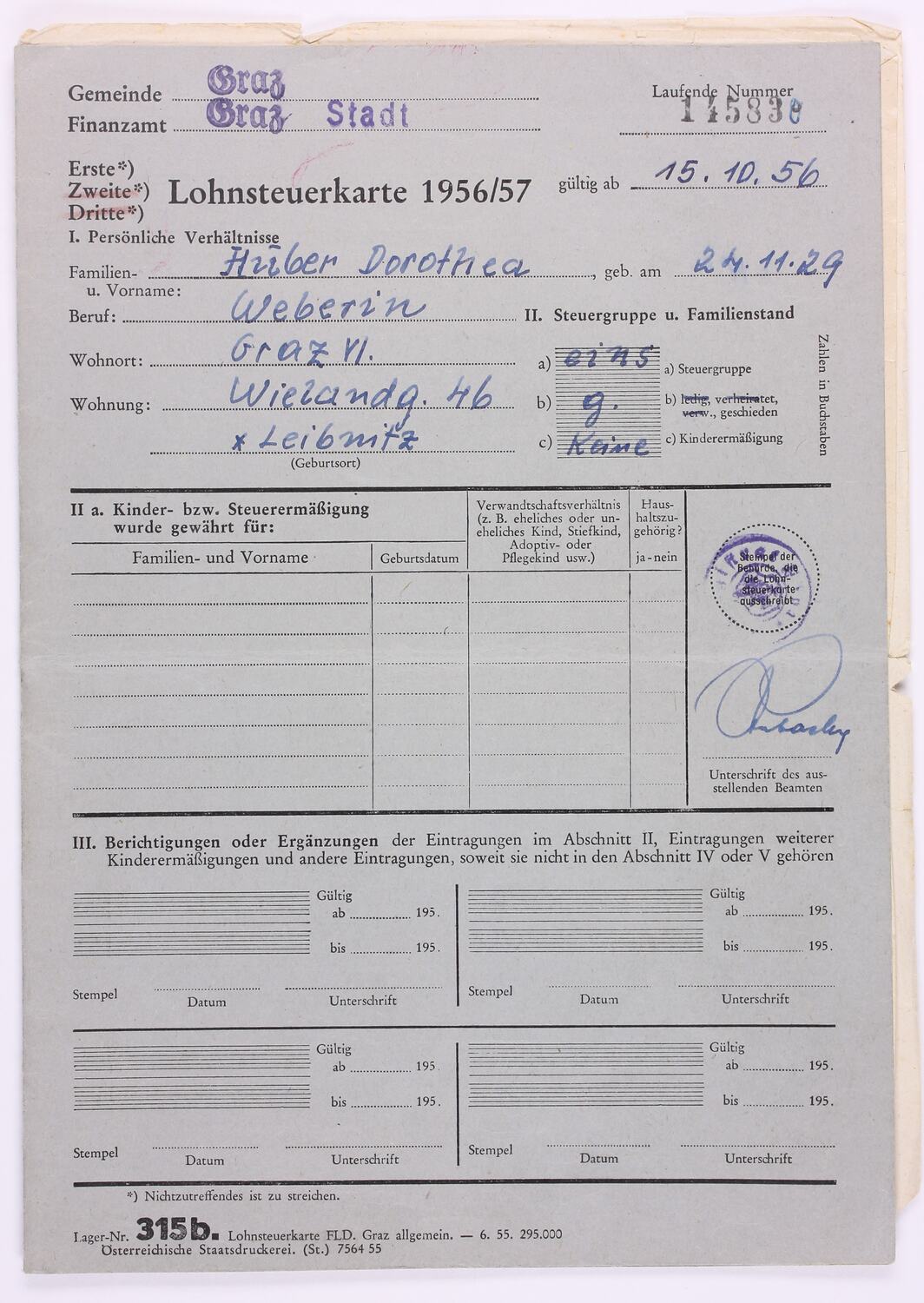 Income Tax Card - 'Lohnsteuerkarte', Dorothea Huber, Austria, 1956-1957