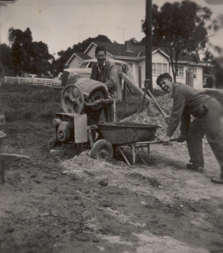 Digital Photograph - Two Men Mixing Cement in Mixer, House Building ...
