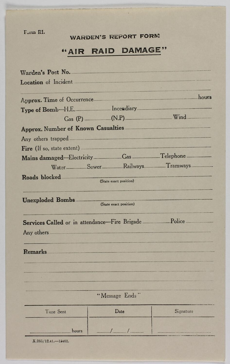 Form - Warden's Report, 'Air Raid Damage', World War II, 1939-1945