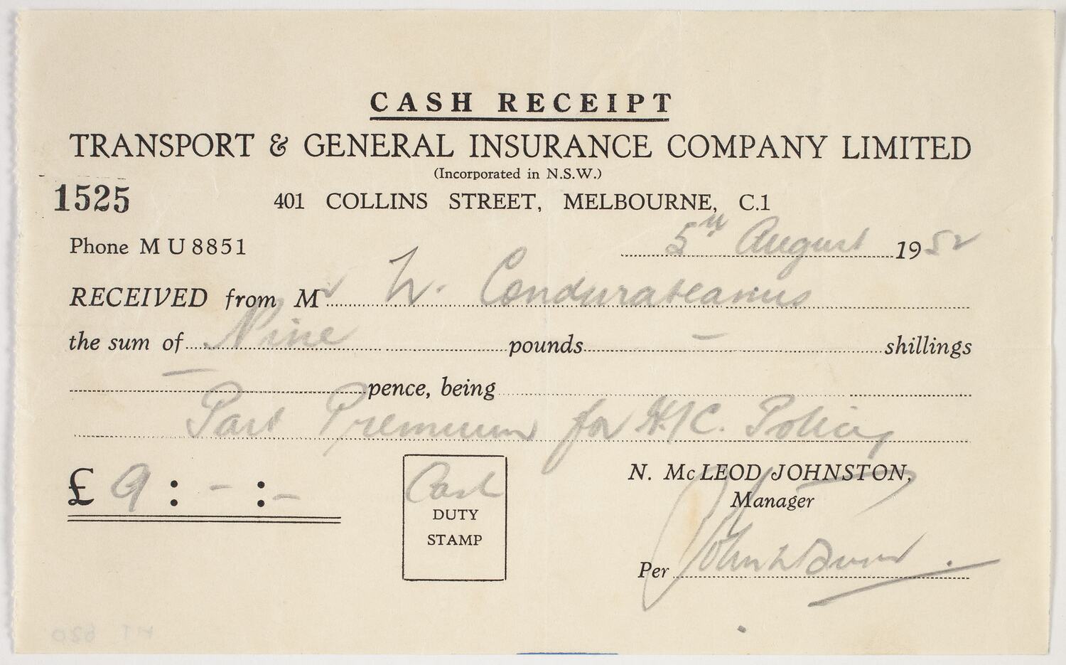 Receipt - Transport & General Insurance Co, 5 Jun 1952