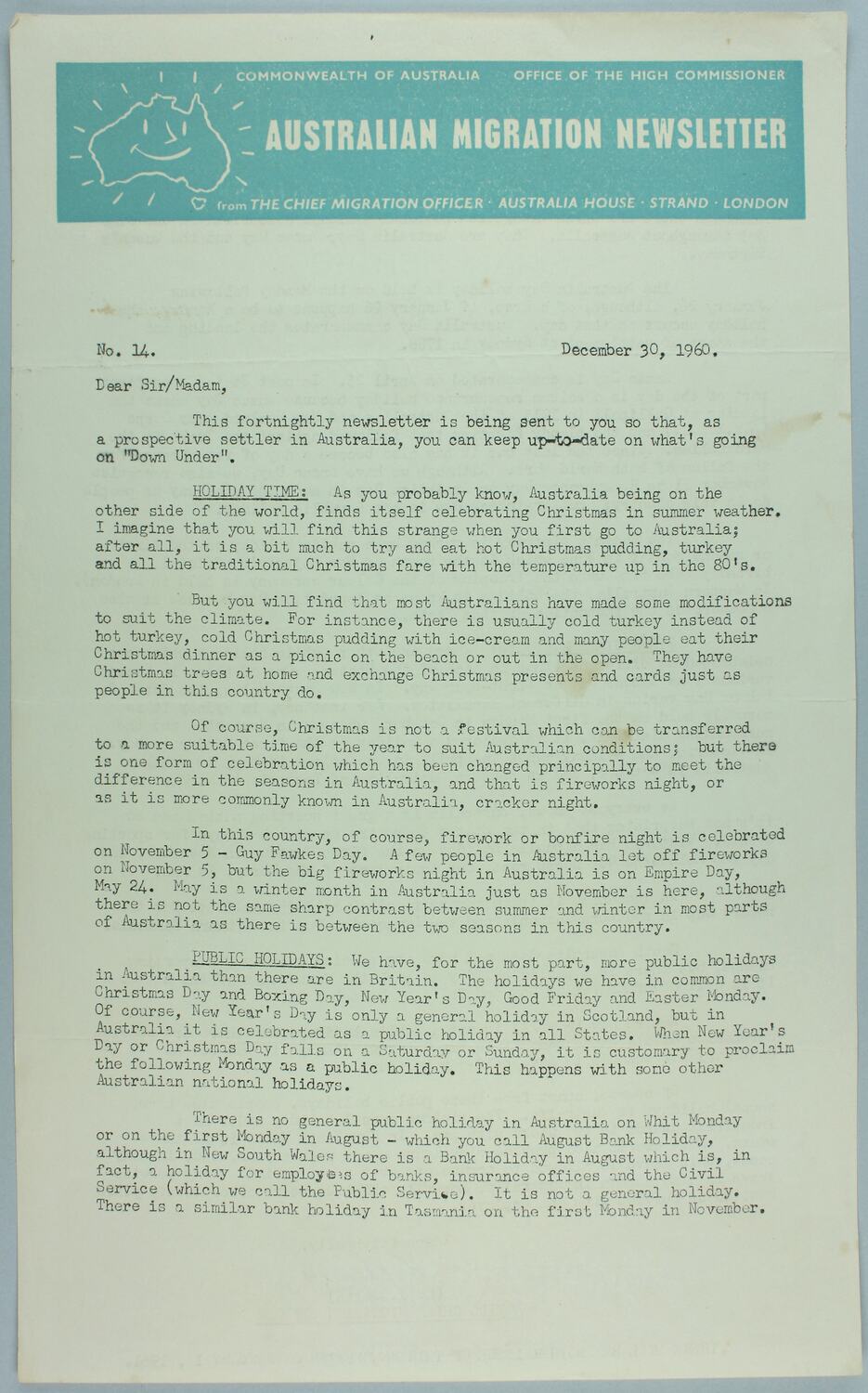 Newsletter - 'Australian Migration Newsletter', 30 Dec 1960