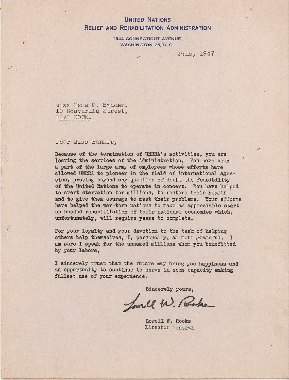 Letter - To Esma Banner, United Nations Relief & Rehabilitation ...