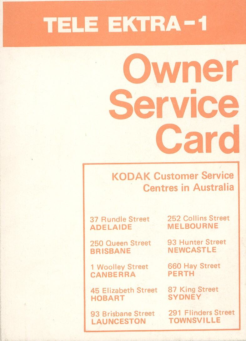 Service Card - Kodak Australasia Pty Ltd, Tele-Ektra 1 Camera Owner ...