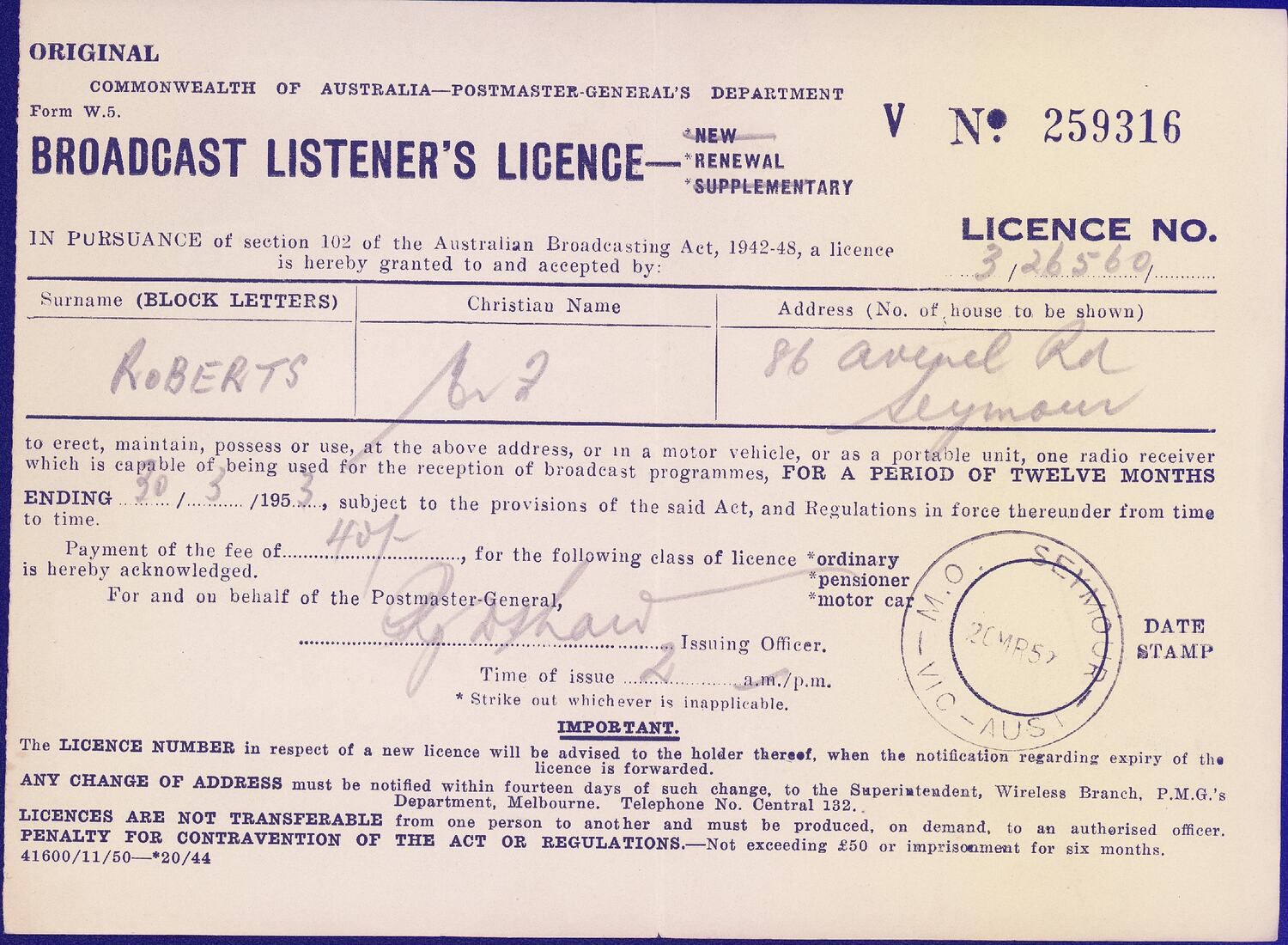 Broadcast Listener's Licence - Frederick & Amelia Roberts, Commonwealth ...