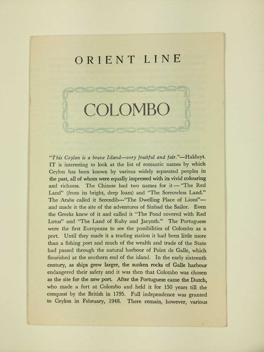 Booklet - Orient Line, Colombo, 1967