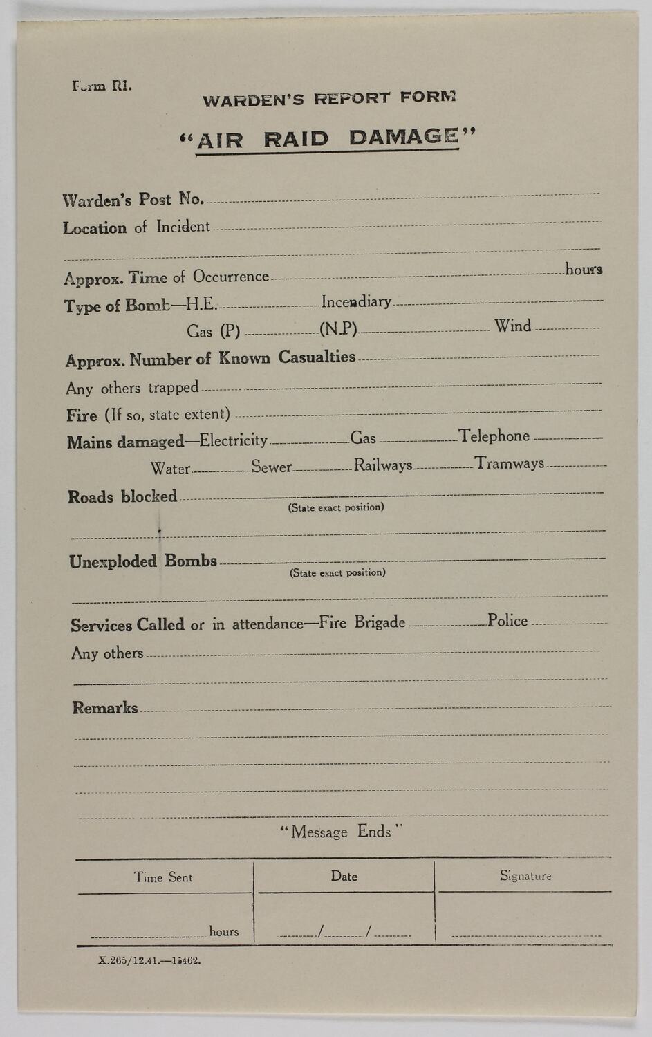 Form - Warden's Report, 'Air Raid Damage', World War II, 1939-1945