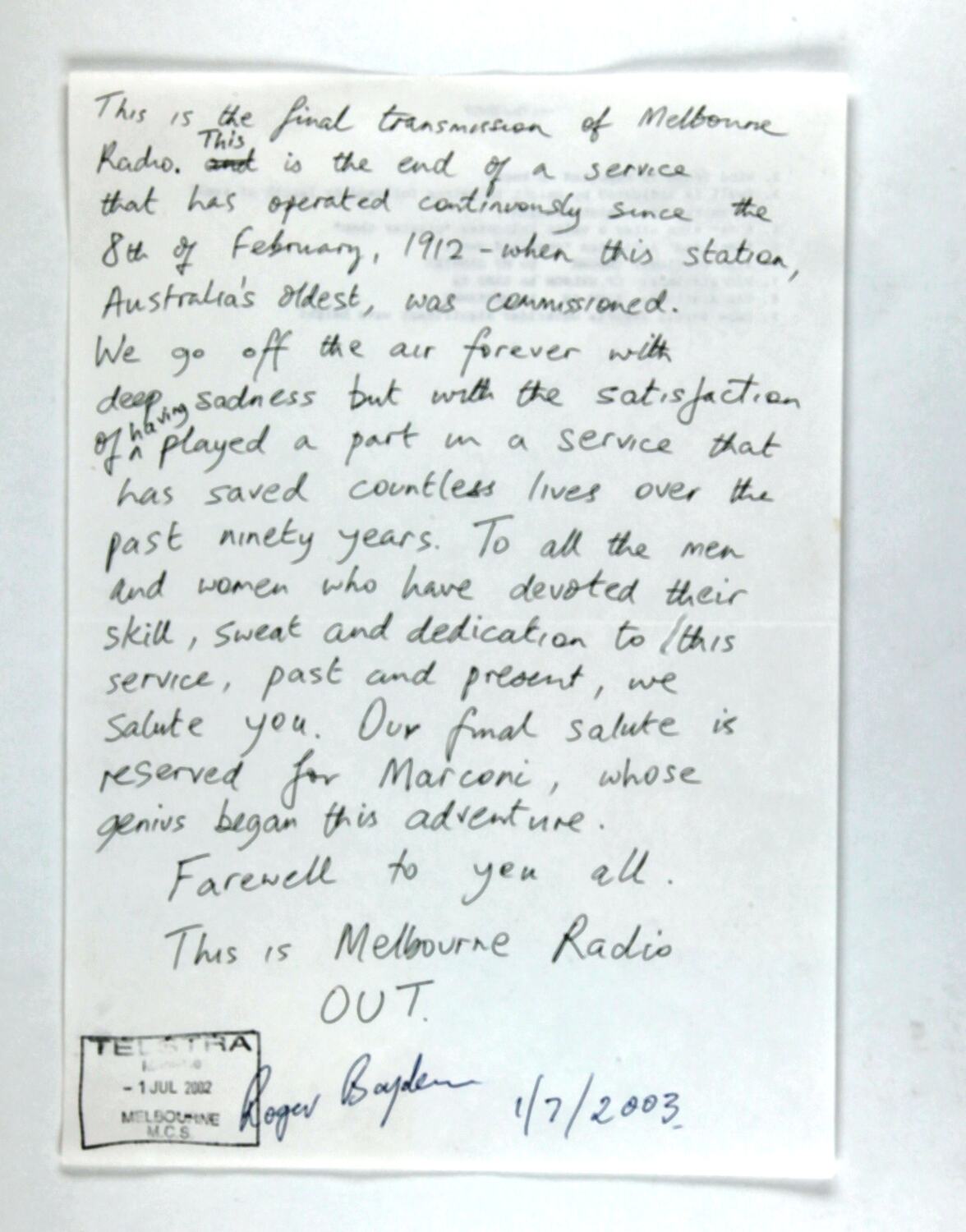 Handwritten Script - Final message, Melbourne Coastal Radio Station, 01 ...
