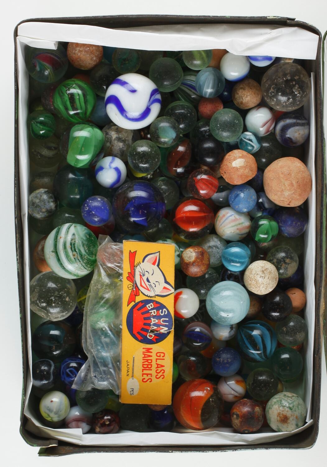 Marbles in Tin - Sun Brand & Assorted Glass, 1950s