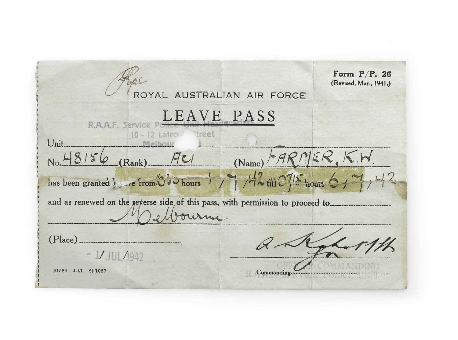 Leave Pass - RAAF, K.W. Farmer, 1 Jul 1942