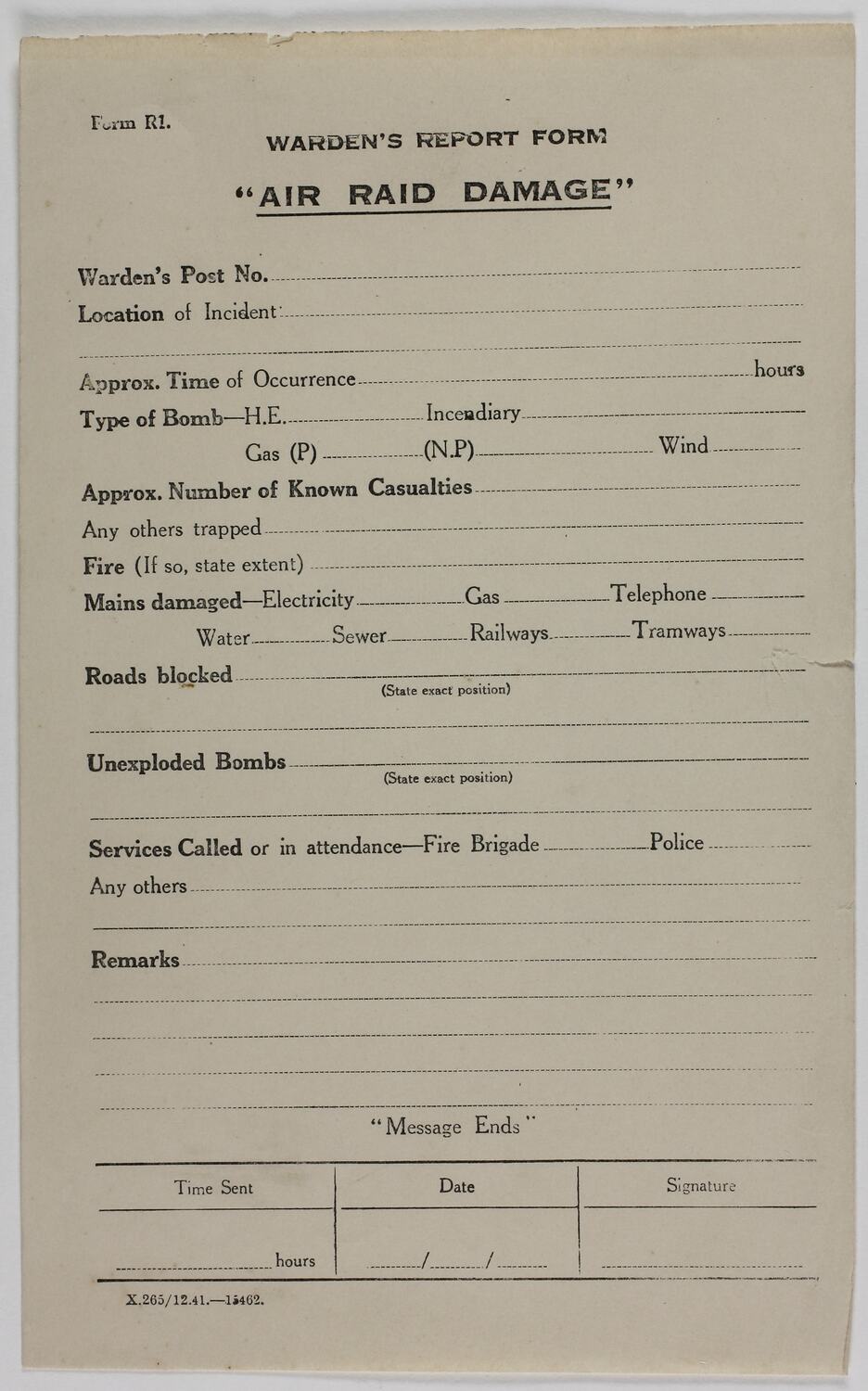 Form - Warden's Report, 'Air Raid Damage', World War II, 1939-1945