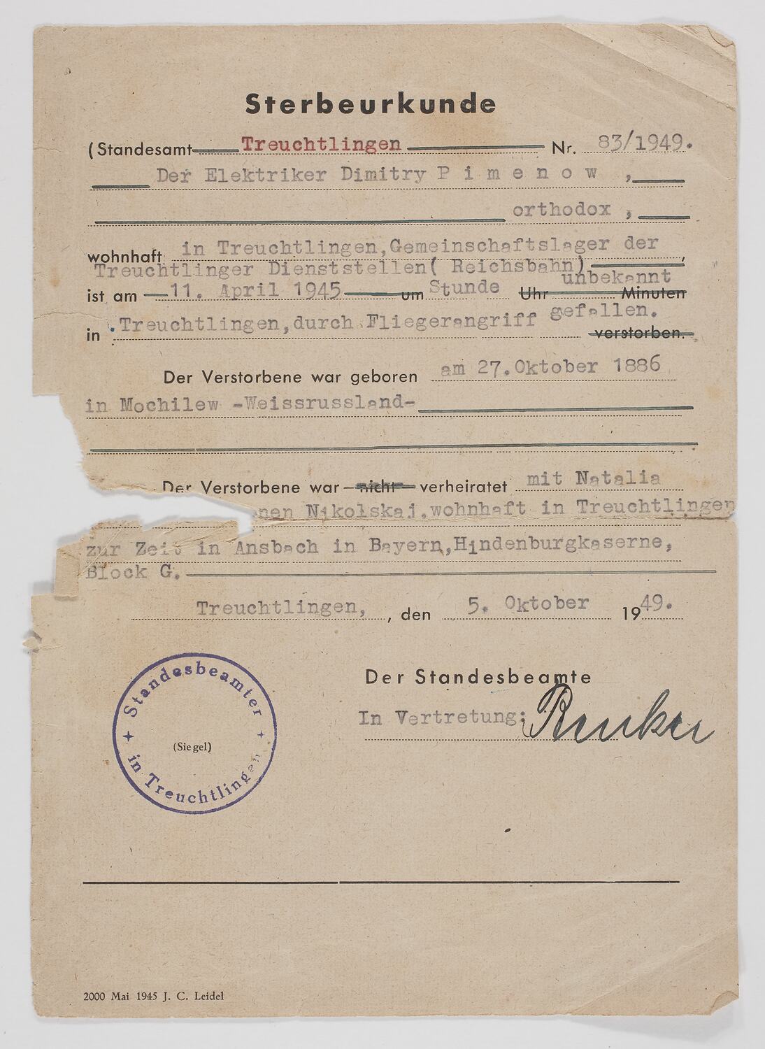 Death Certificate - Dimitry Pimenow, Treuchtlingen, Germany, 5 Oct 1949