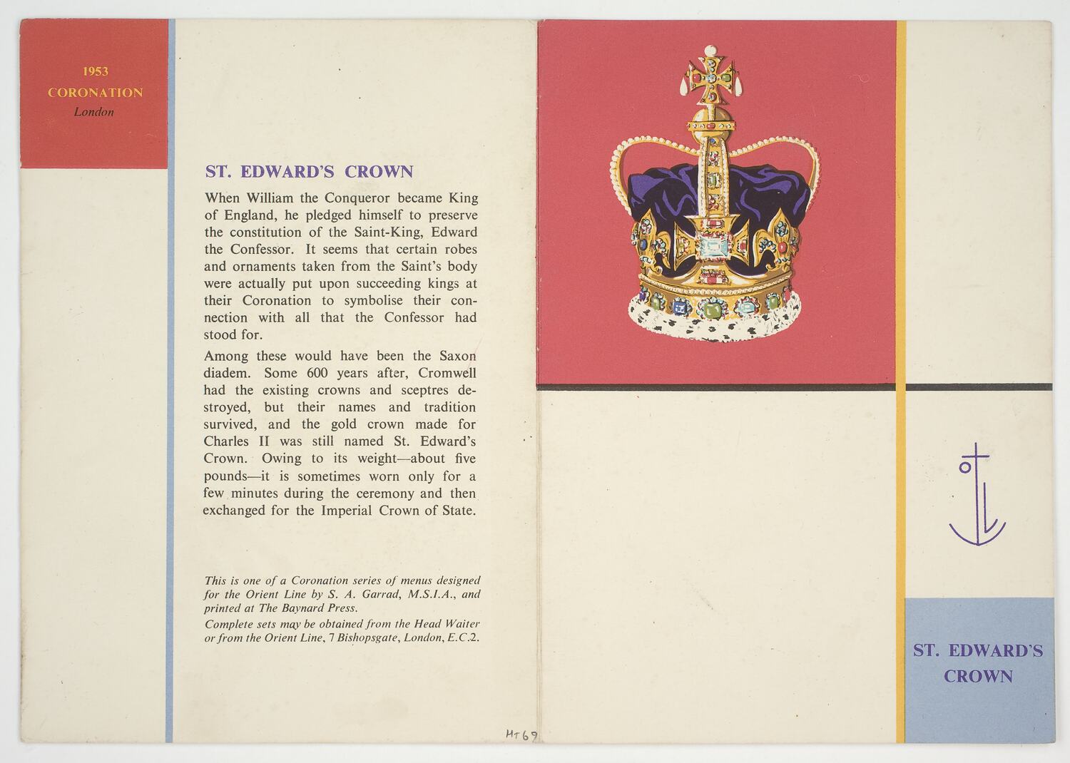 Menu - RMS Otranto, Orient Line, Dinner, St Edward's Crown, 15 Jun 1954