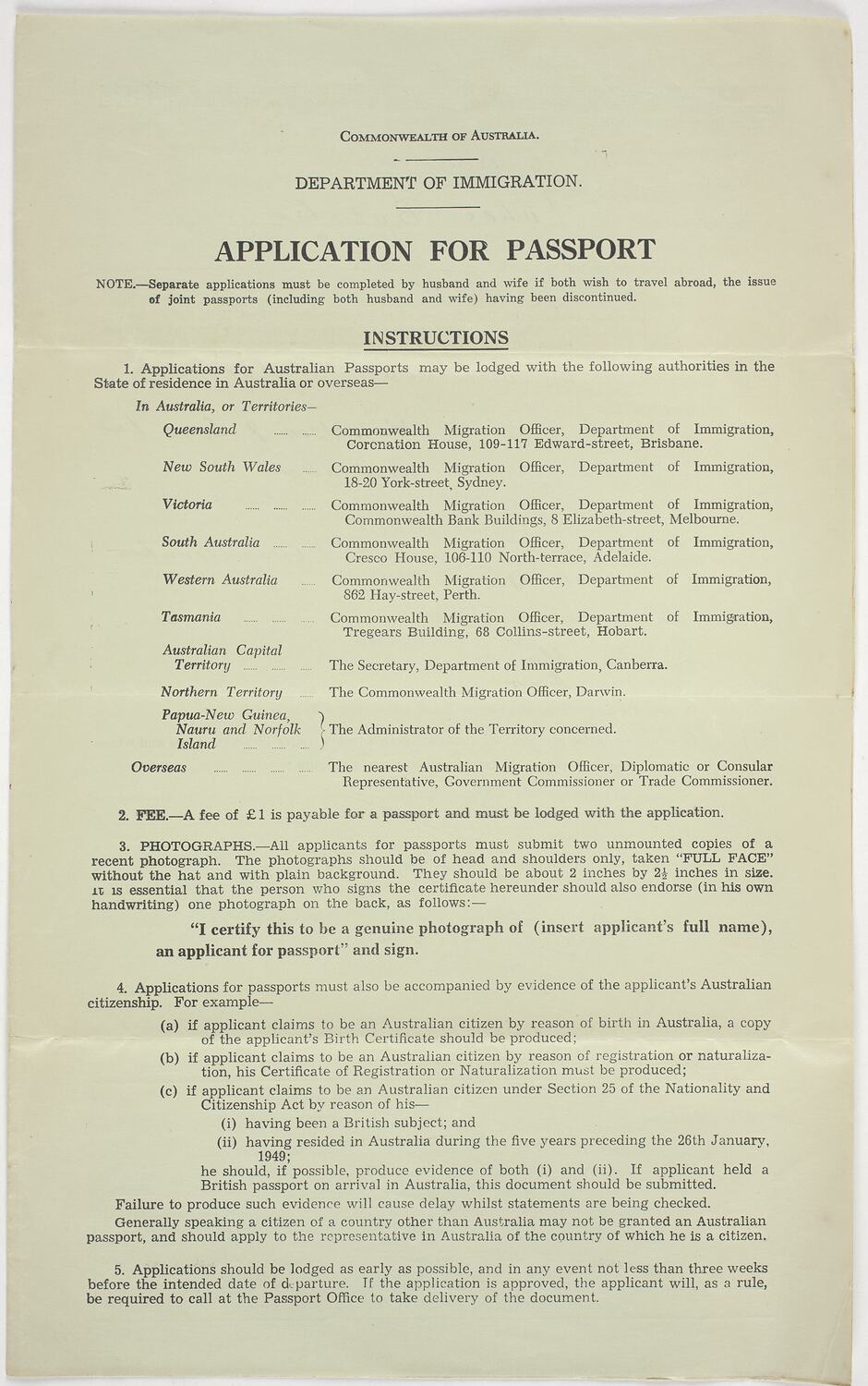Form - Application for Australian Passport, Department of Immigration ...