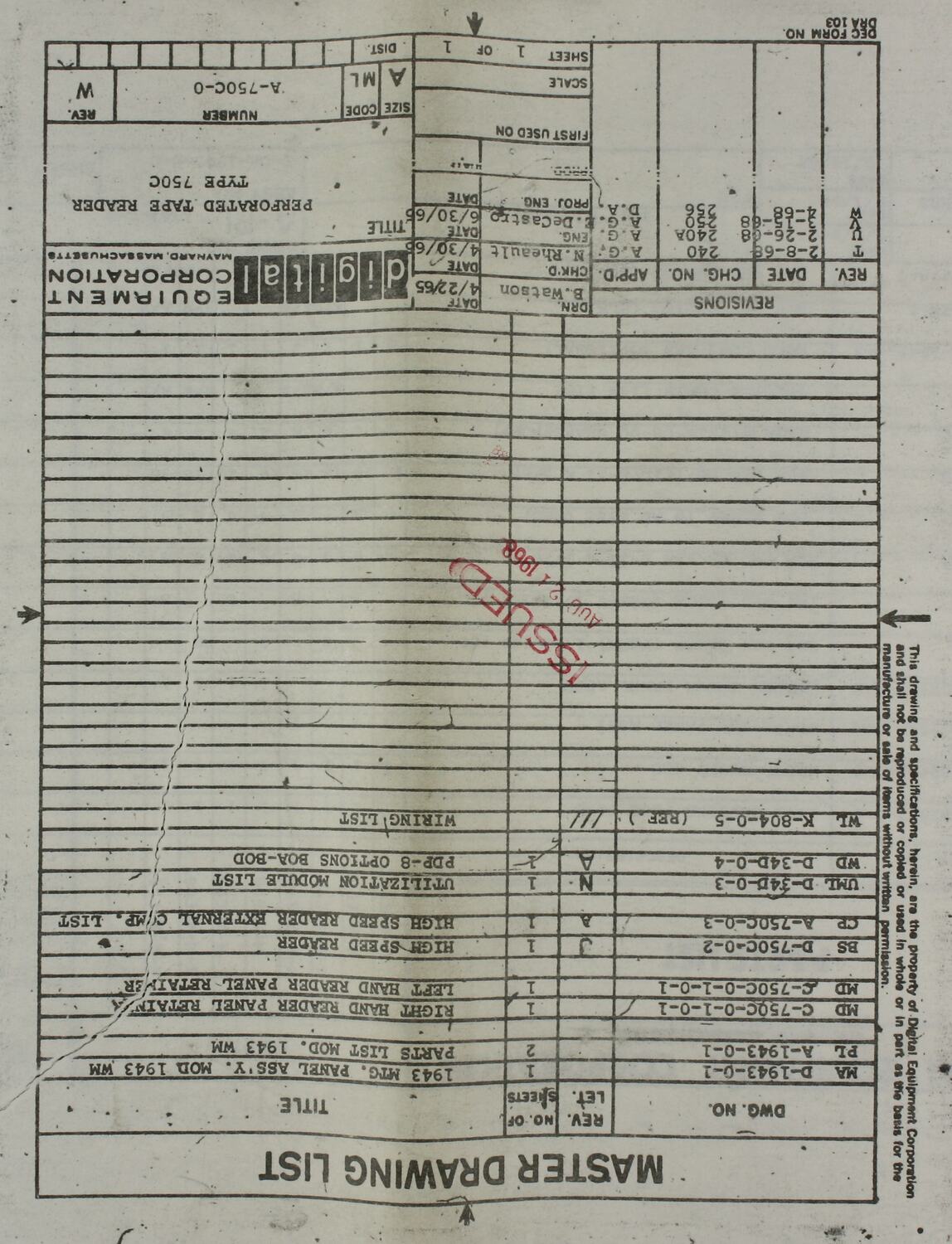 Drawings - DEC, Perforated Tape Reader Type 750C, 1968