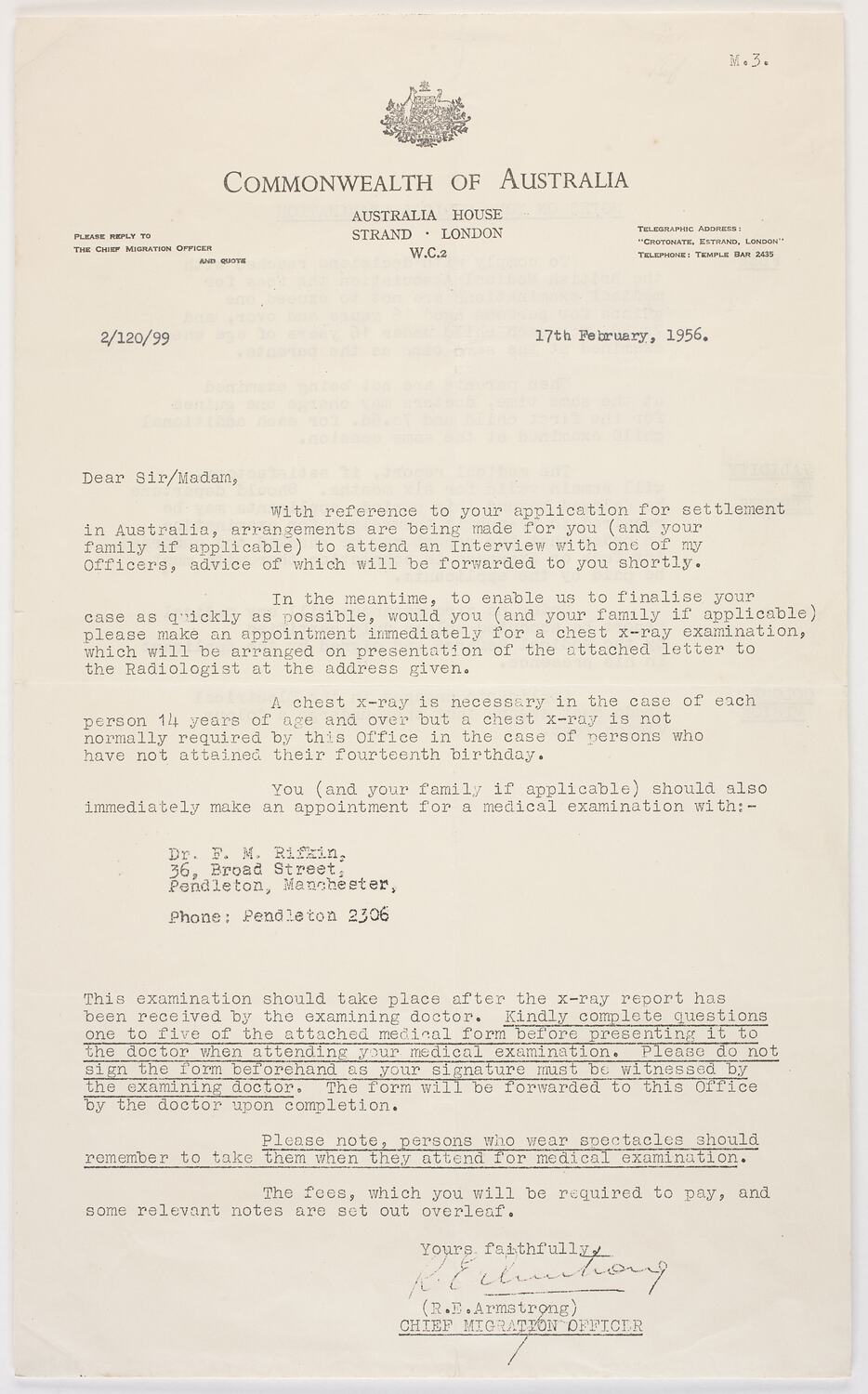 Letter - Medical Examination & Chest X-Ray, Commonwealth of Australia ...