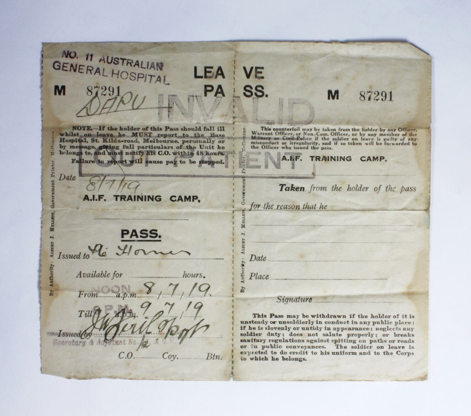 Leave Pass - Diary, Alan Horner, World War I, 8 Jul 1919