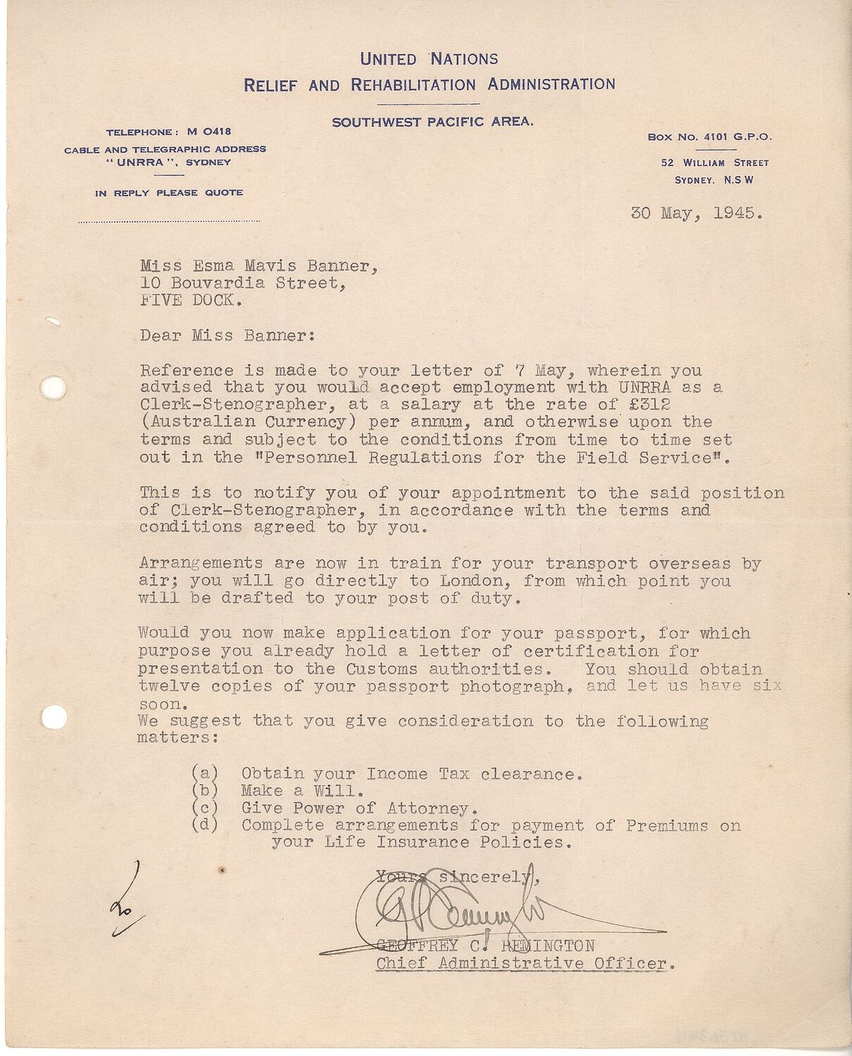 Letter - Appointment, Esma Banner, Australia, United Nations Relief ...