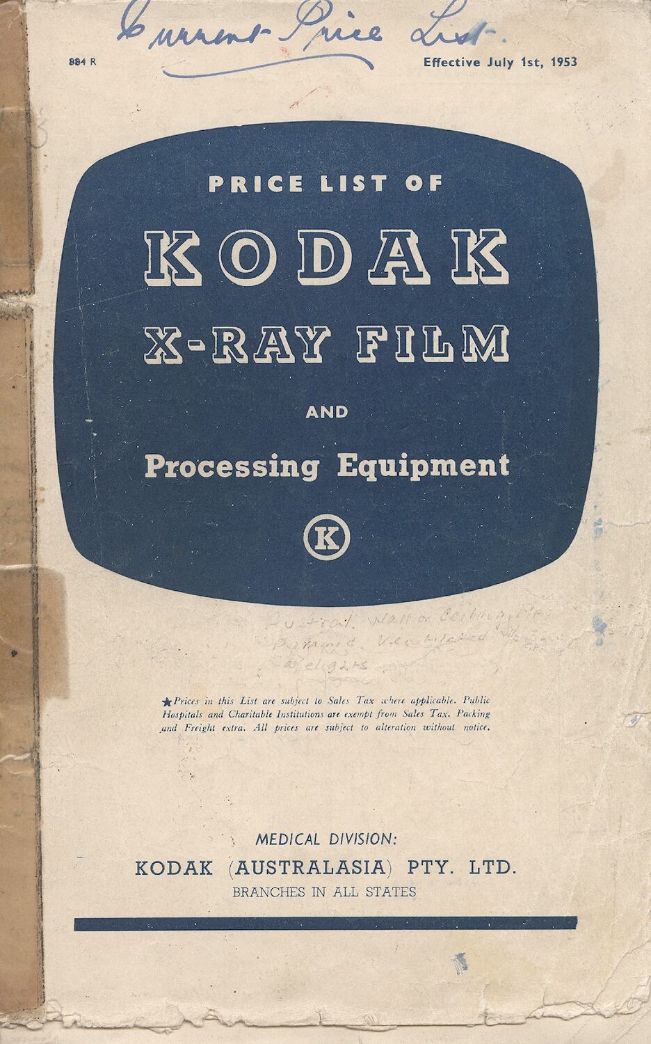 Price List - Kodak (Australasia) Pty Ltd, 'Kodak X-Ray Film ...