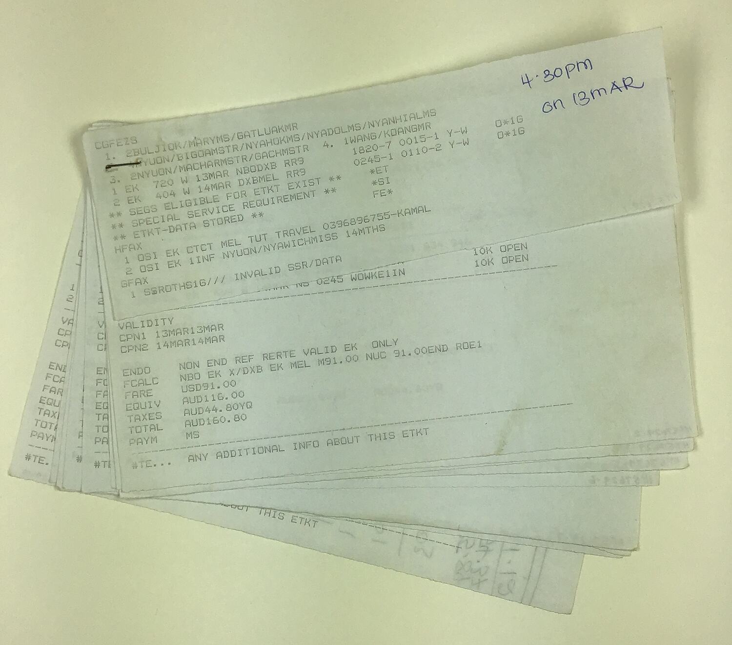 Flight Ticket Receipts - Emirates Airline, Nyuon Family, Nairobi to ...