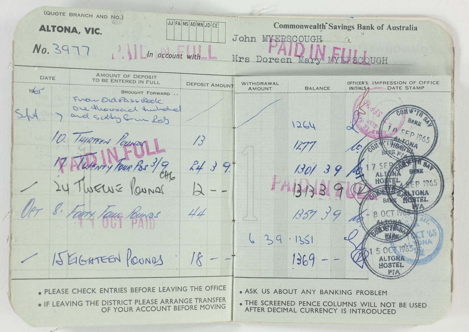Passbook - Commonwealth Savings Bank, Altona Migrant Hostel, Myerscough ...