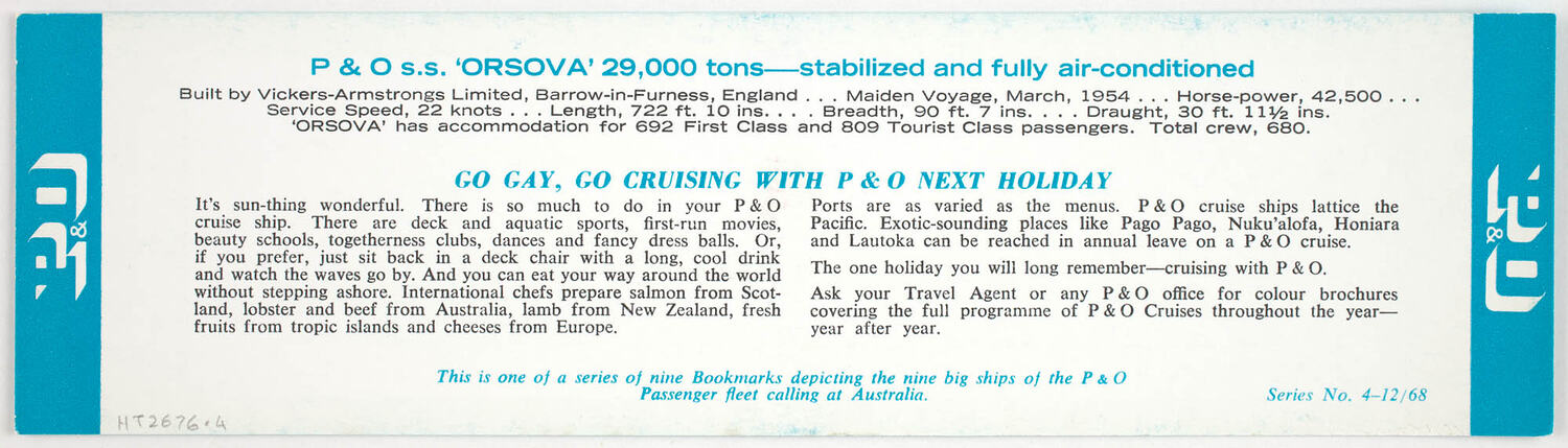 Bookmark - SS Orsova, P&O Lines, 1968