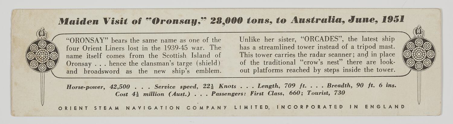Bookmark - 'New Orient Line, RMS Oronsay, 28,000 Tons', Maiden Voyage ...