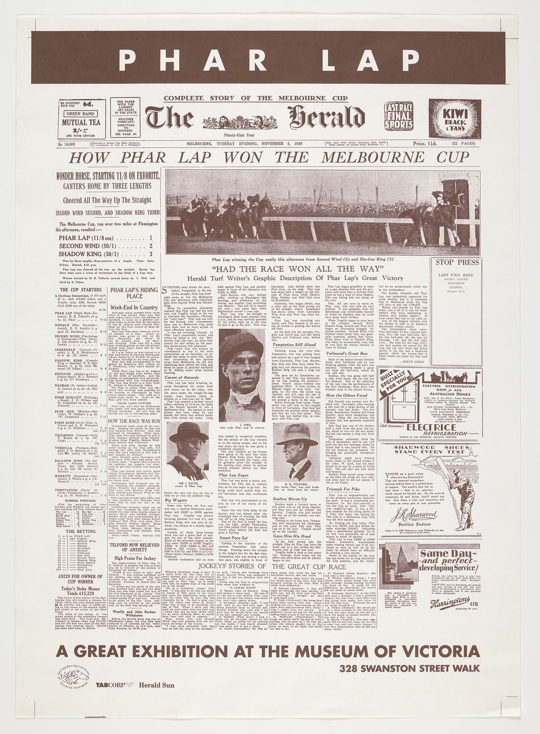 Poster - Phar Lap, Museum of Victoria, 1990s