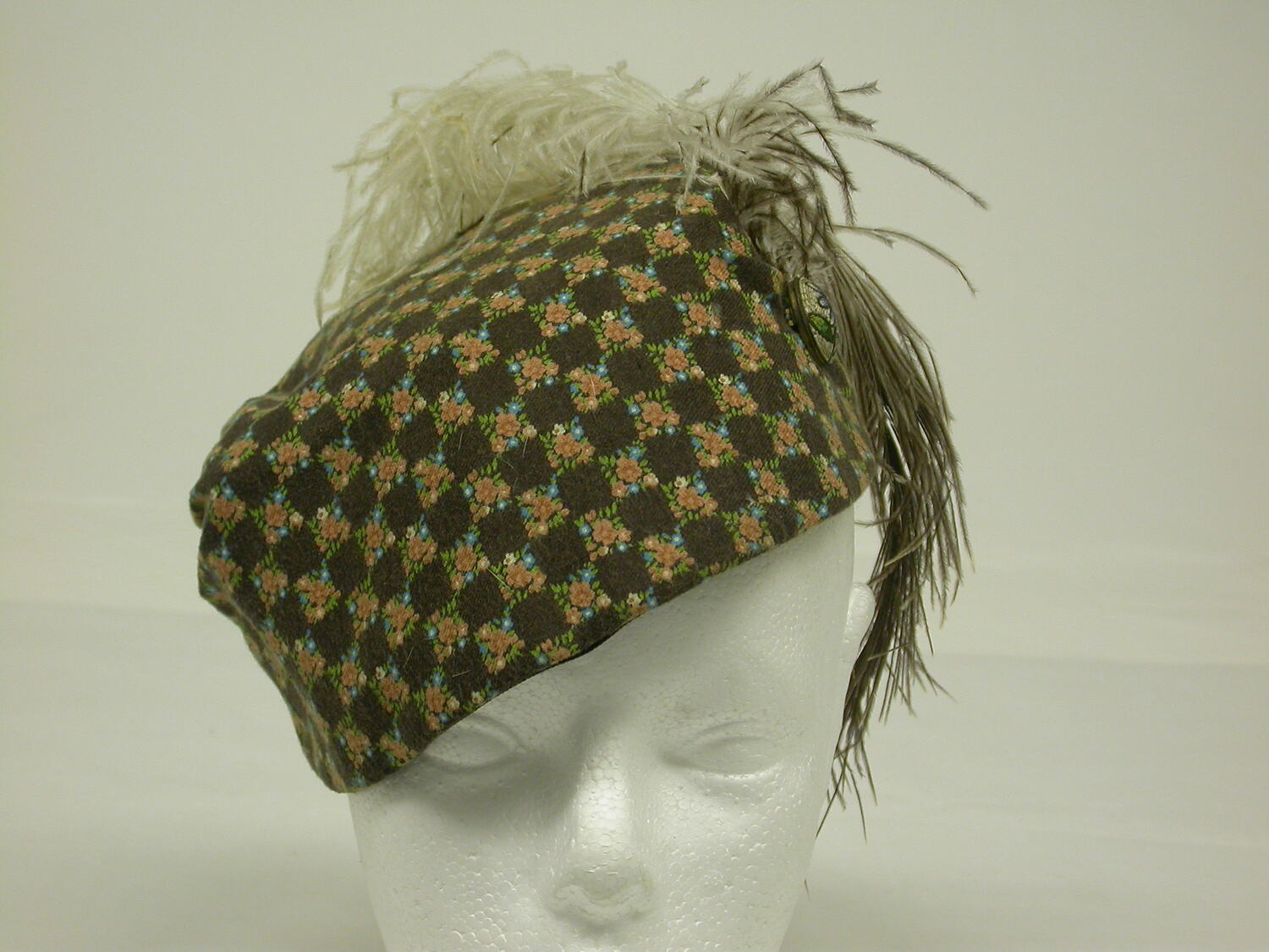 Hat - Toque Style, Brown Floral with Feathers