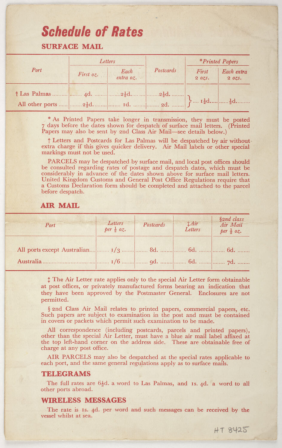 Leaflet - P&O Postal Schedule, SS Strathmore, P&O Lines, 1957