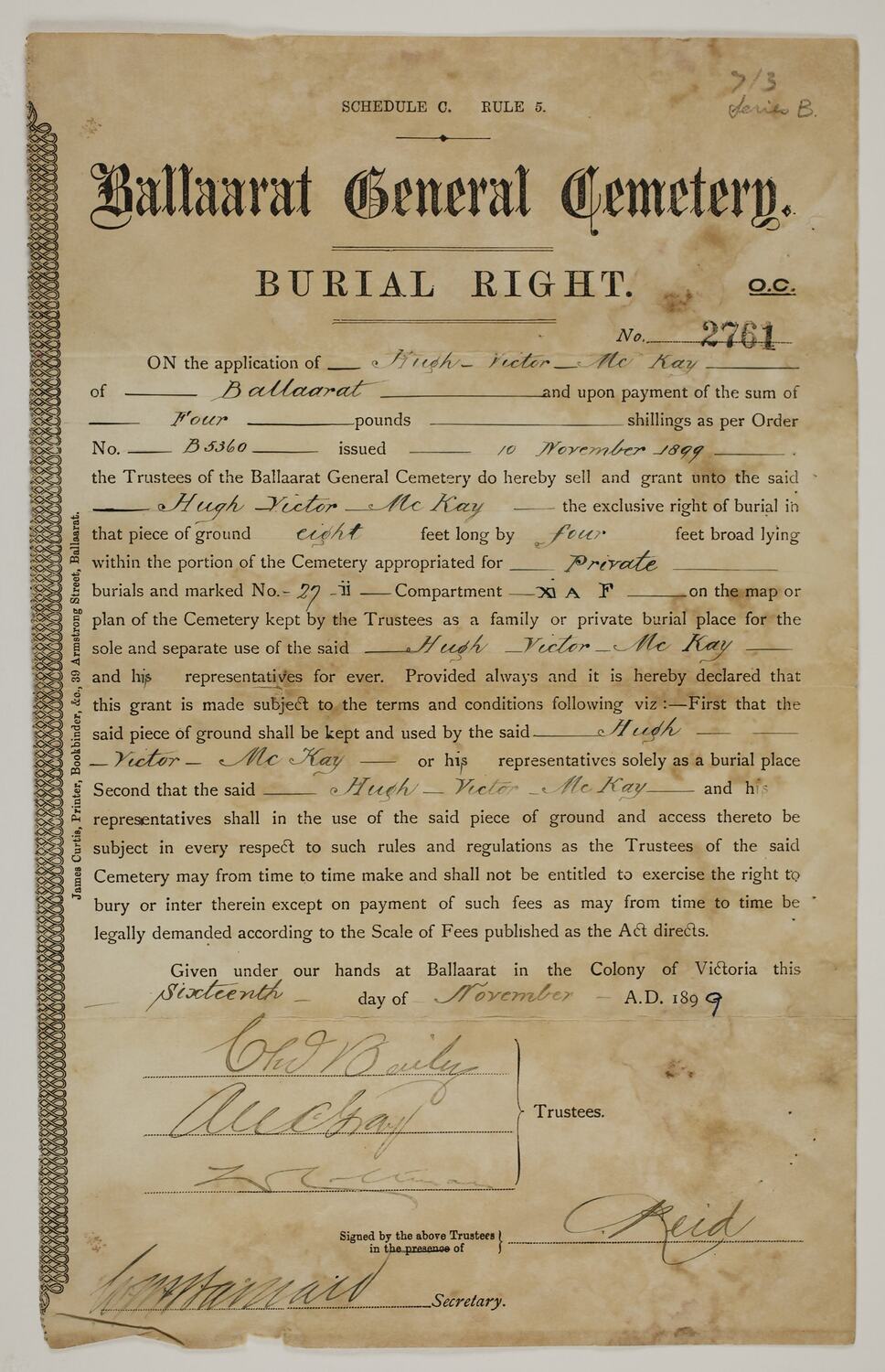 Burial Right - Issued to Hugh Victor McKay, Trustees of Ballaarat ...