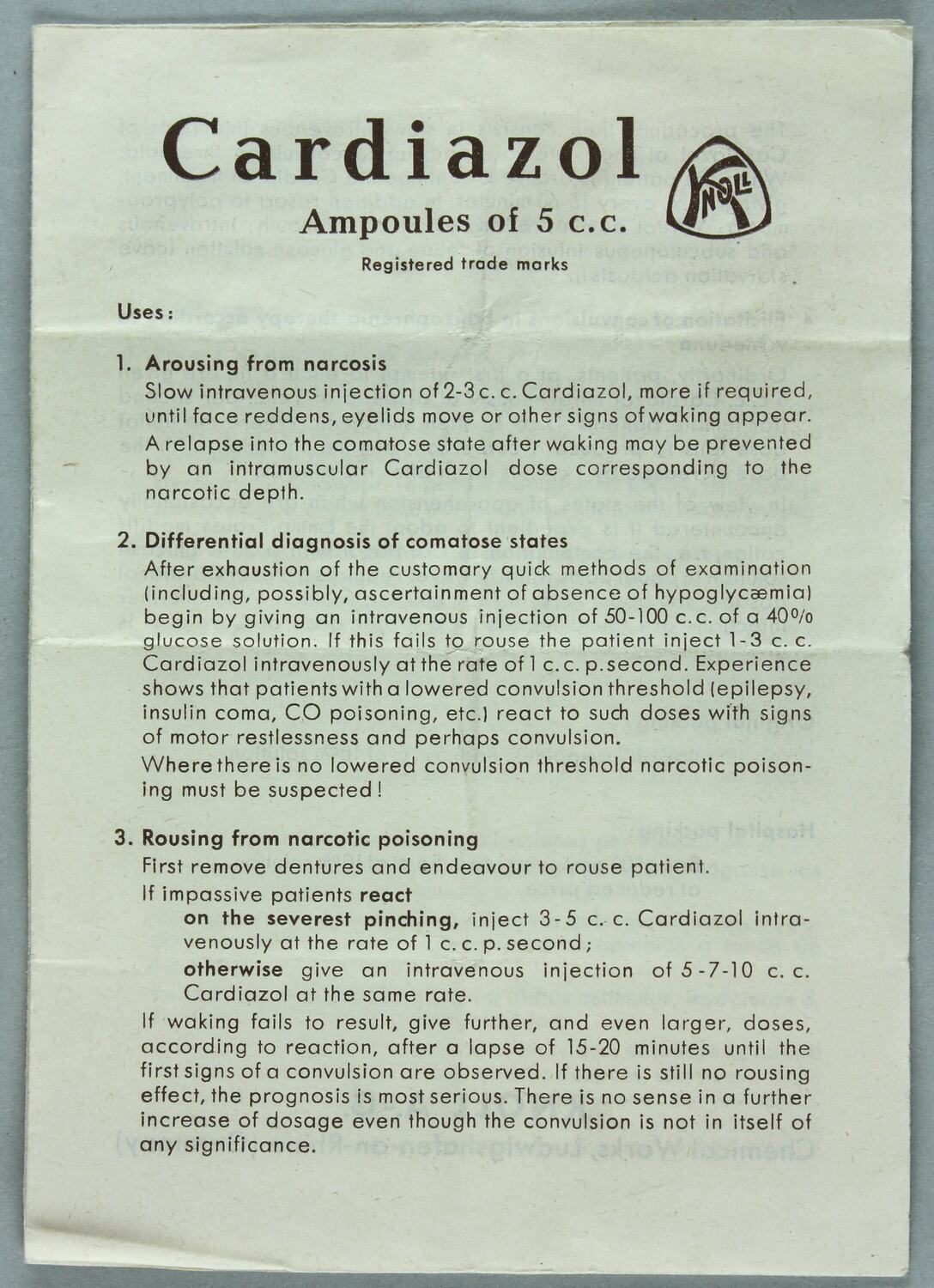 Leaflet - Drug, Cardiazol (Pentylenetetrazol), Knoll A.G. Chemical ...