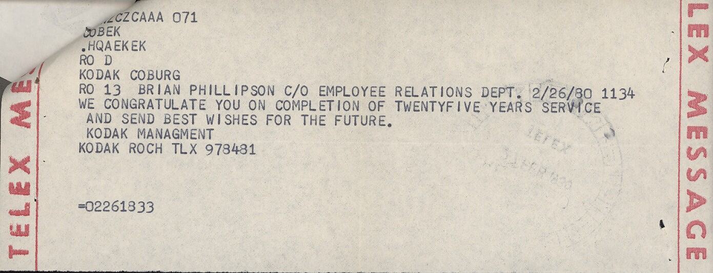 Telegram - Eastman Kodak Co to Brian Phillipson, Congratulations for ...