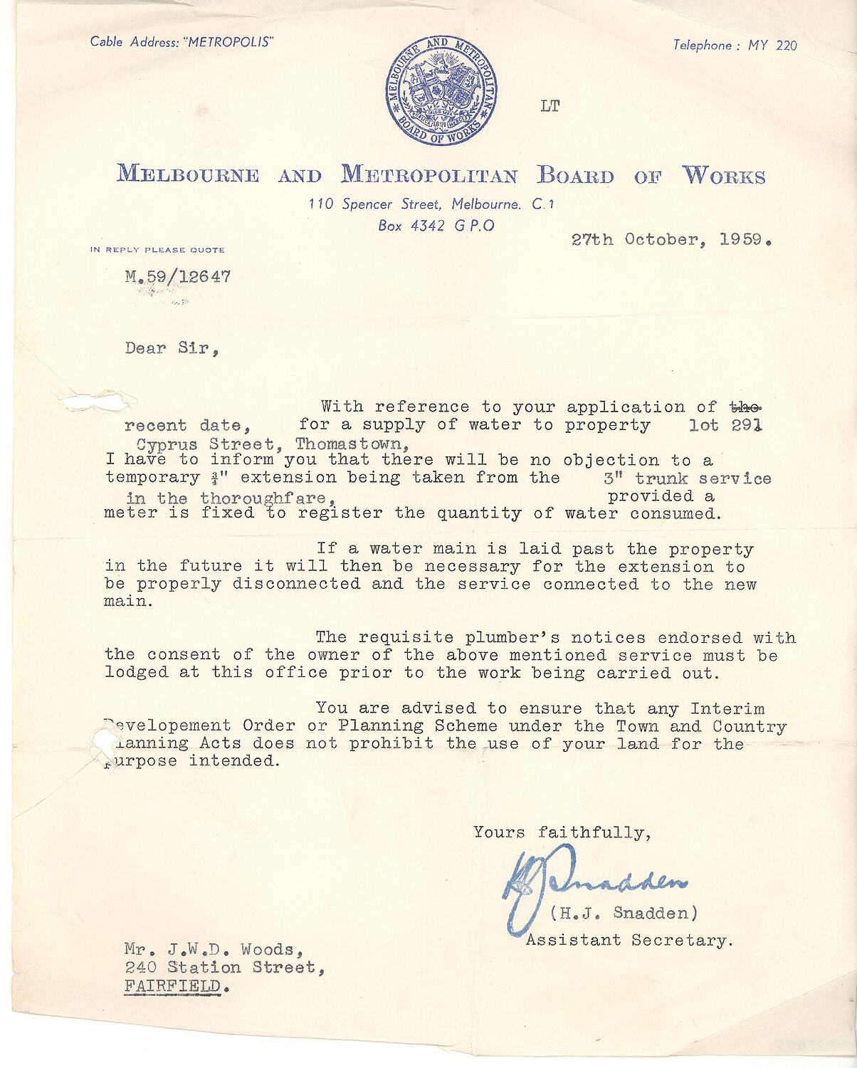 Letter - Melbourne & Metropolitan Board of Works, John Woods, Fairfield ...