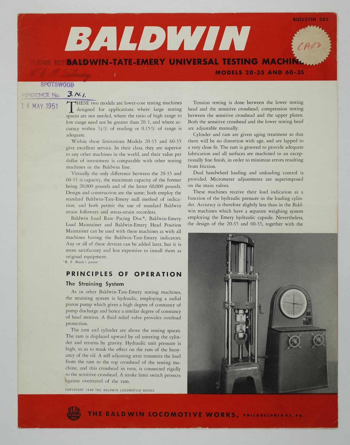 Product Bulletin - Baldwin Locomotive Works, Materials Testing ...