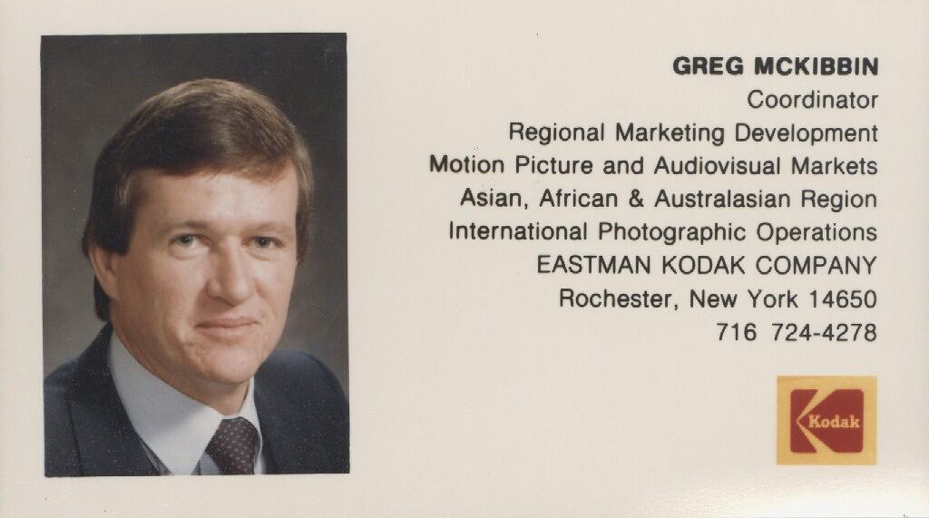 Business Card - Greg McKibbin, Coordinator Regional Marketing Development, Eastman Kodak ...