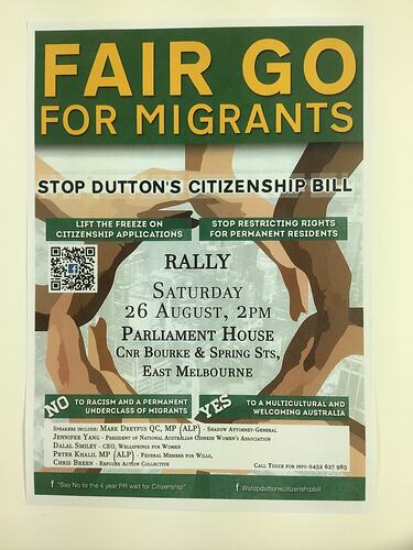 Flyer - Rally, 'Fair Go For Migrants', 26 Aug 2017