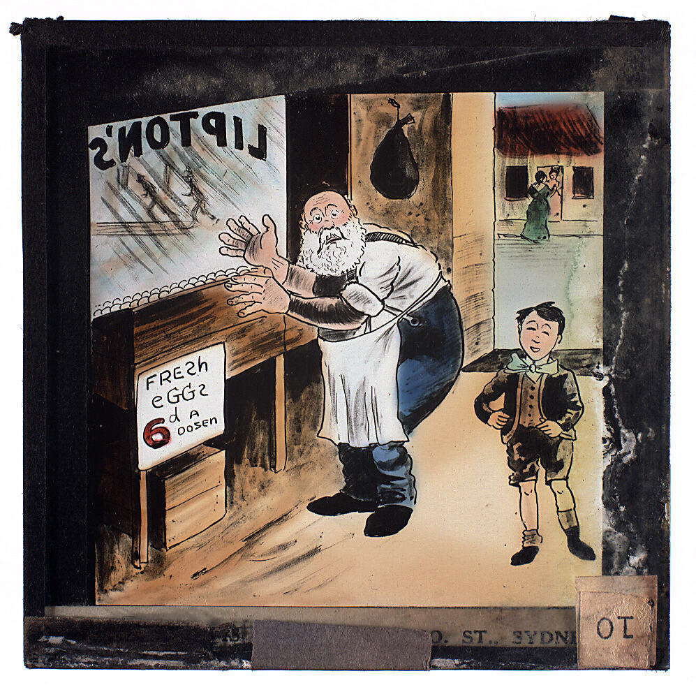 Lantern Slide - Shopkeeper & Boy, circa 1930s-1940s