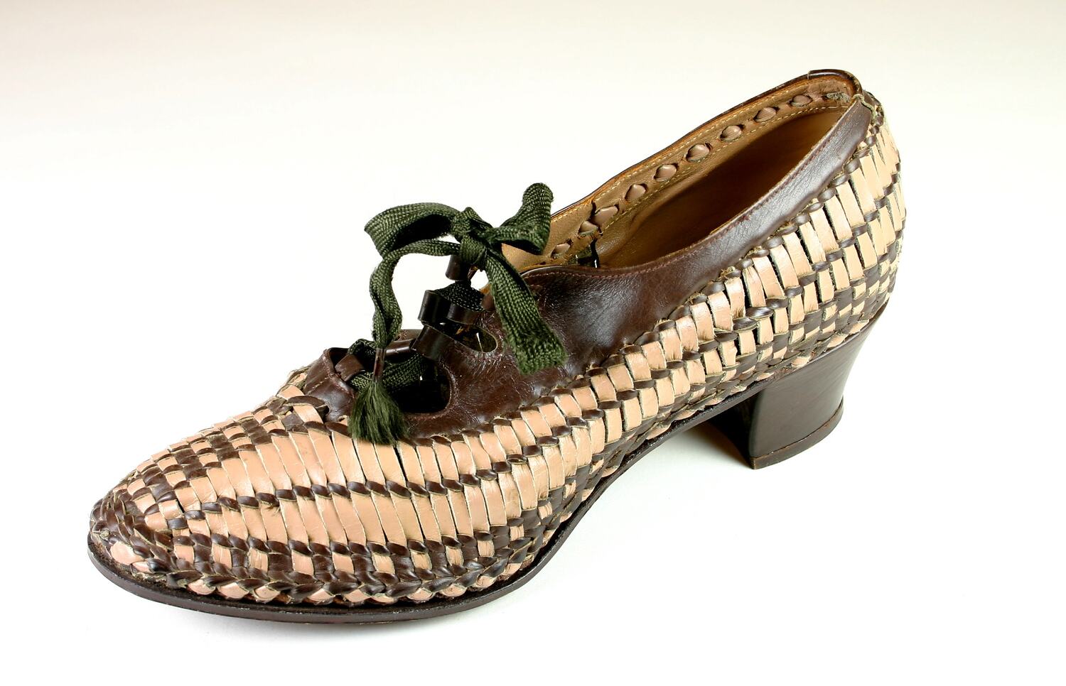Shoe - Pink & Brown Leather, Basketweave, 1930s-1940s