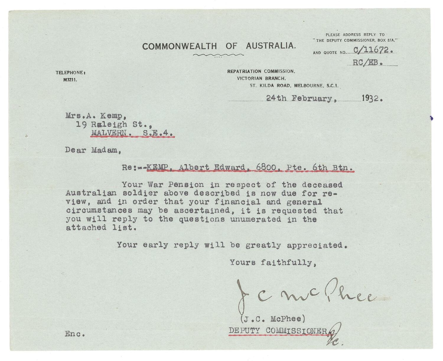 Letter - Commonwealth of Australian Repatriation Commission to Mrs A ...