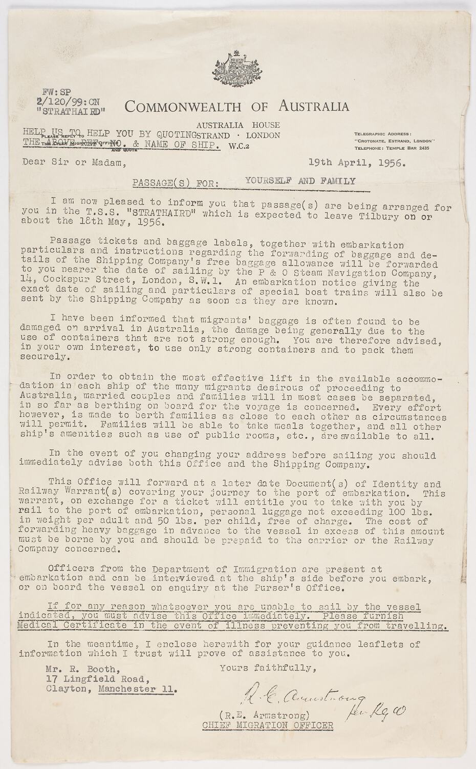 Letter - Notification of Passage to Australia, Commonwealth of ...