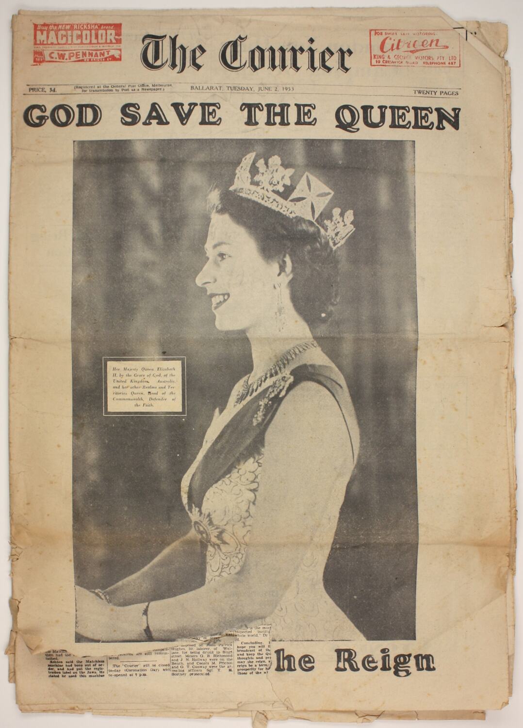 Newspaper - 'The Courier', Ballarat, 2 Jun 1953