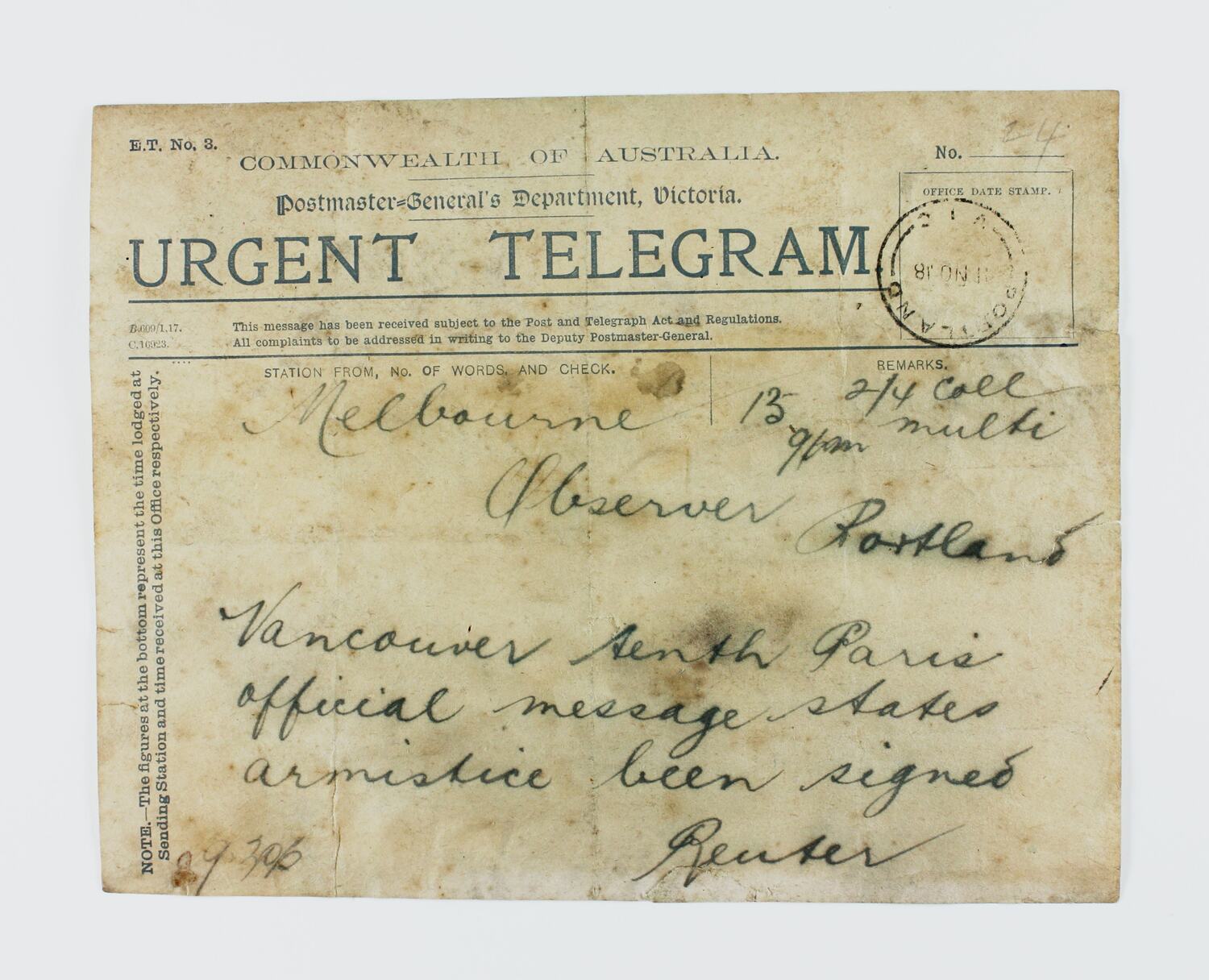 Telegram - Armistice, World War I, Portland, Victoria, Nov 1918