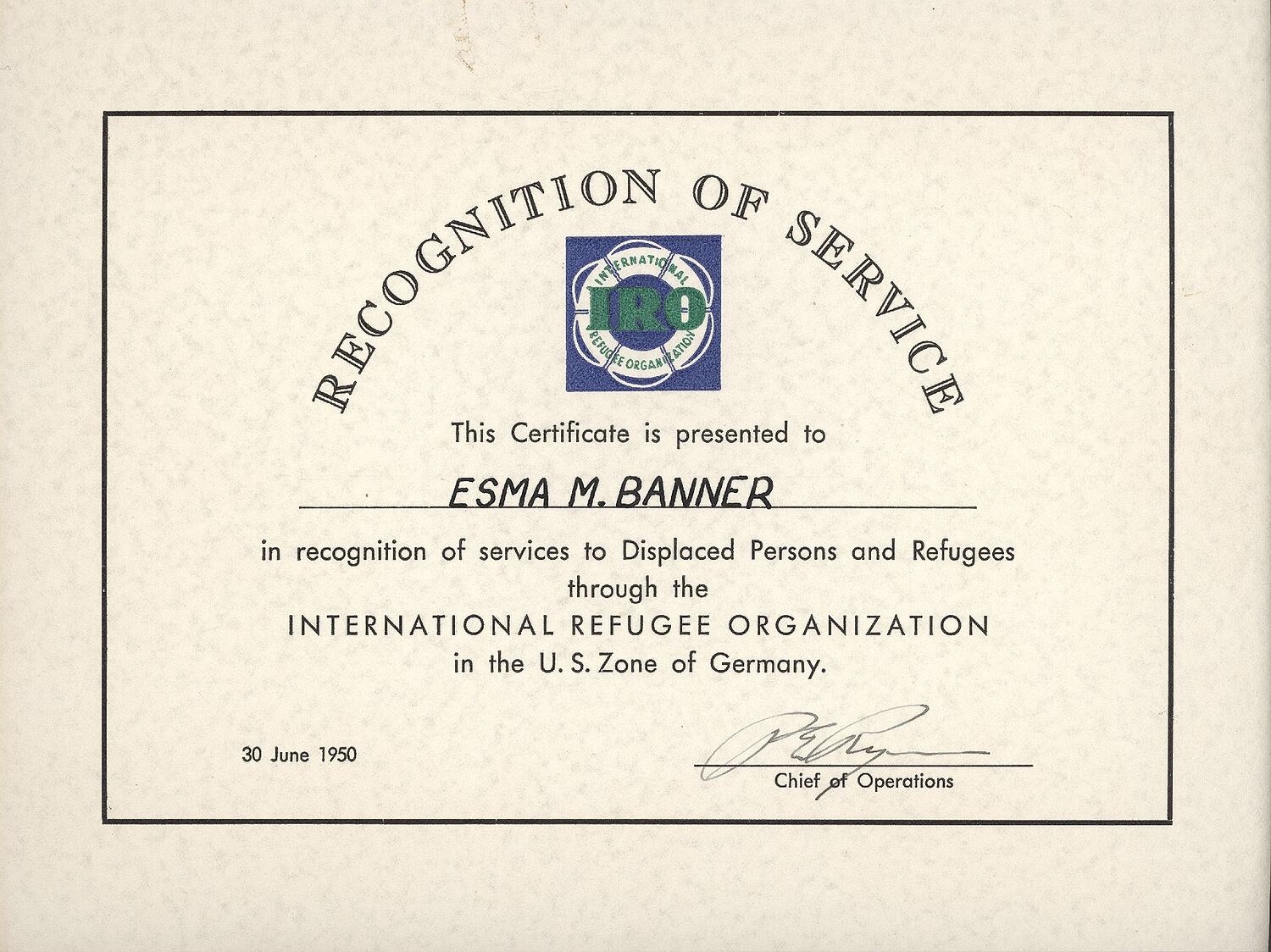 Certificate - Esma Banner, International Refugee Organization, Germany ...