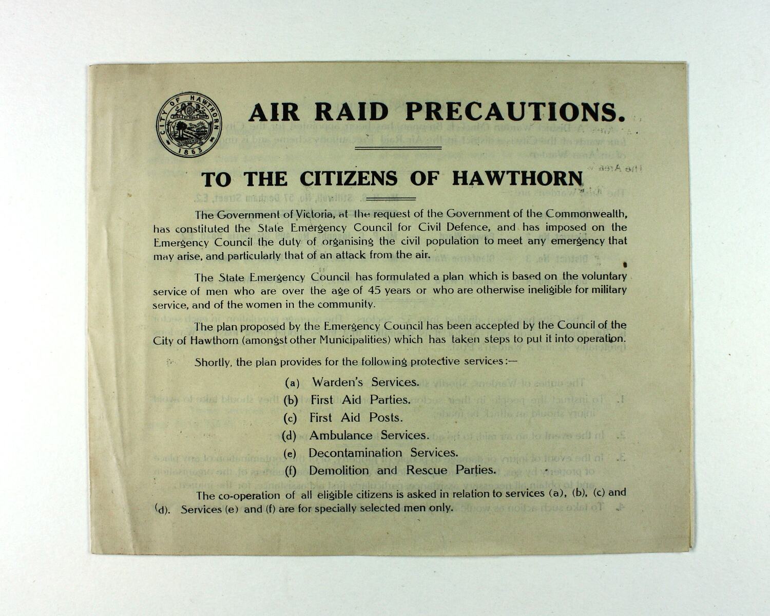 Leaflet - 'Air Raid Precautions, To the Citizens of Hawthorn', Jun 1940
