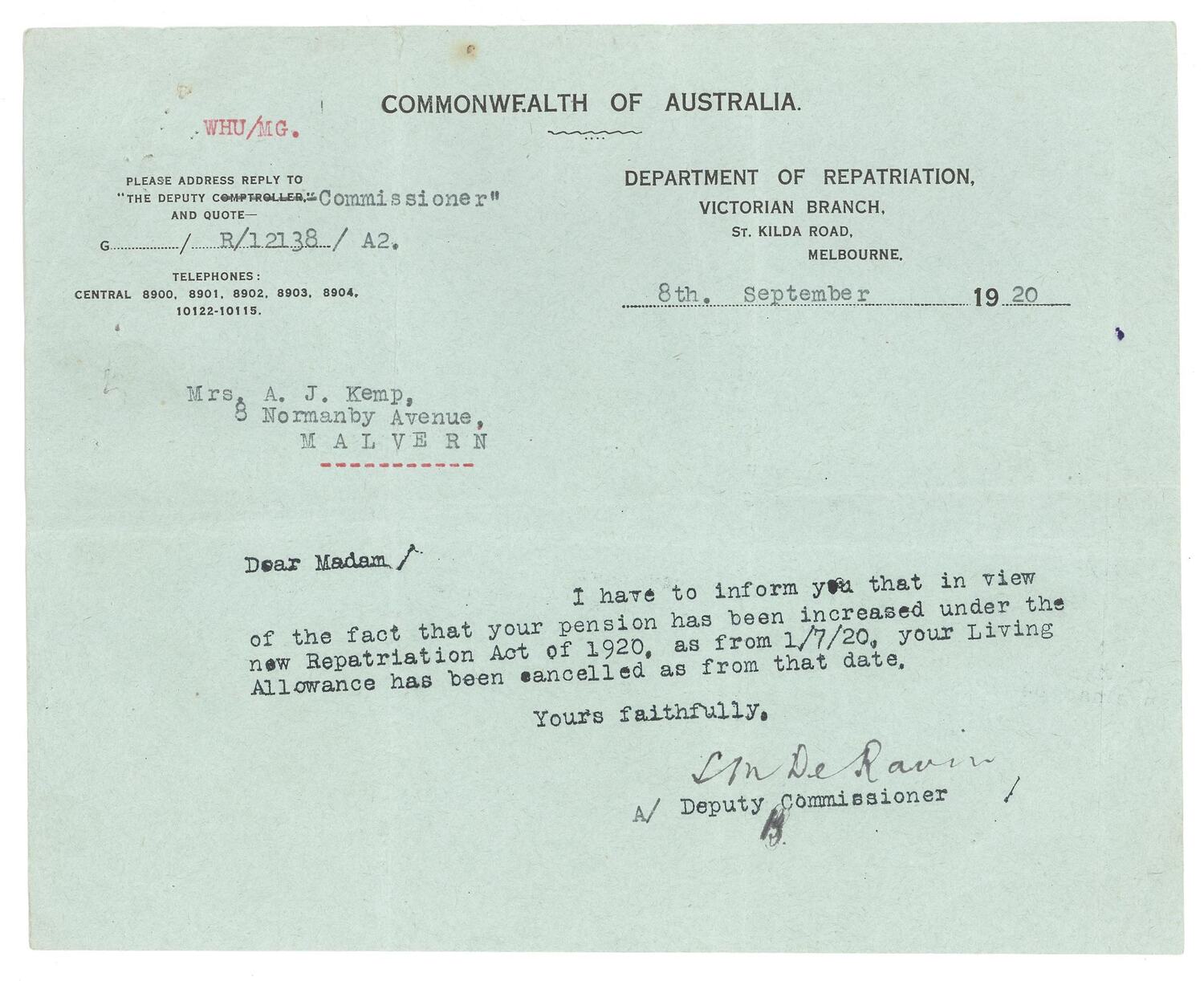 Letter - Department of Repatriation to Mrs A. J. Kemp, Pension Increase ...
