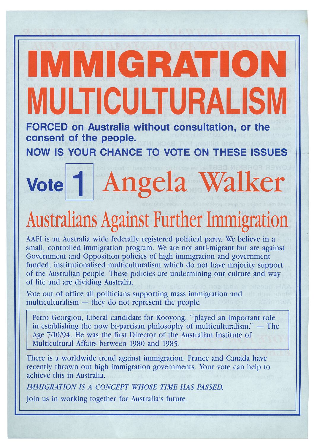 Leaflet - Australians Against Further Immigration, 1994