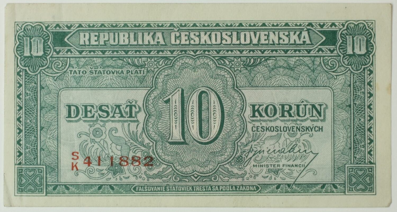 Bank Note - 10 Korun, Czechoslovakia, circa 1945-1946