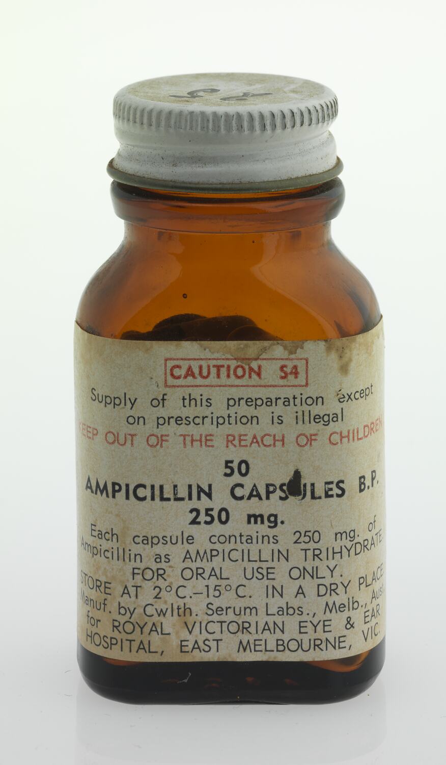 Penicillin Bottle - Ampicillin Capsules BP, 250 mg, 1970